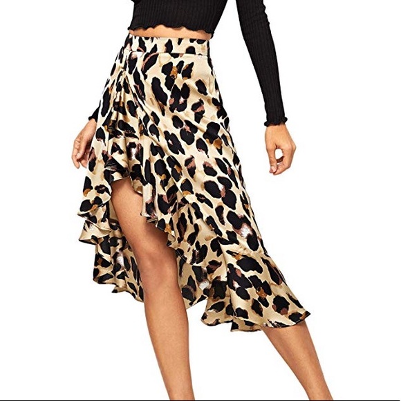 Skirts | Ruffle Trim High Split Leopard Print Midi Skirt | Poshmark